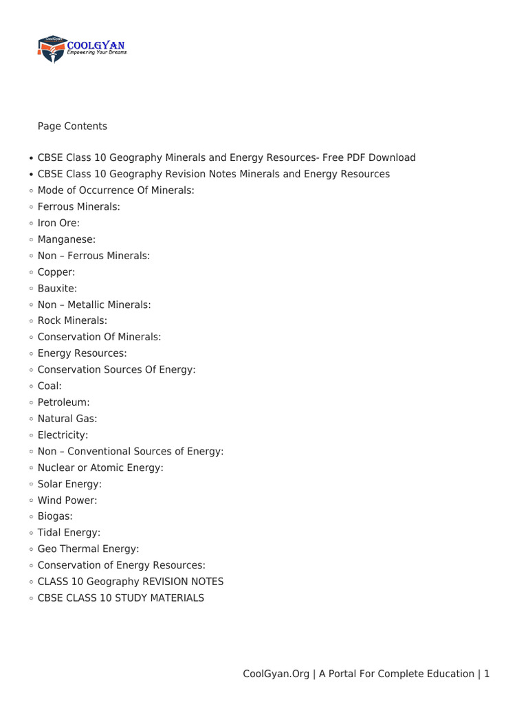 Geography-Minerals and Energy Resources Class 10 Notes Social Science ...