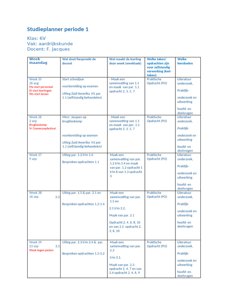 Studieplanner 6V Aardrijkskunde Periode 1 2024 2025 | PDF