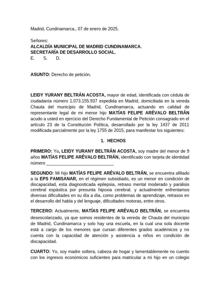 Derecho de petición por educación especial | PDF | Invalidez | Petición