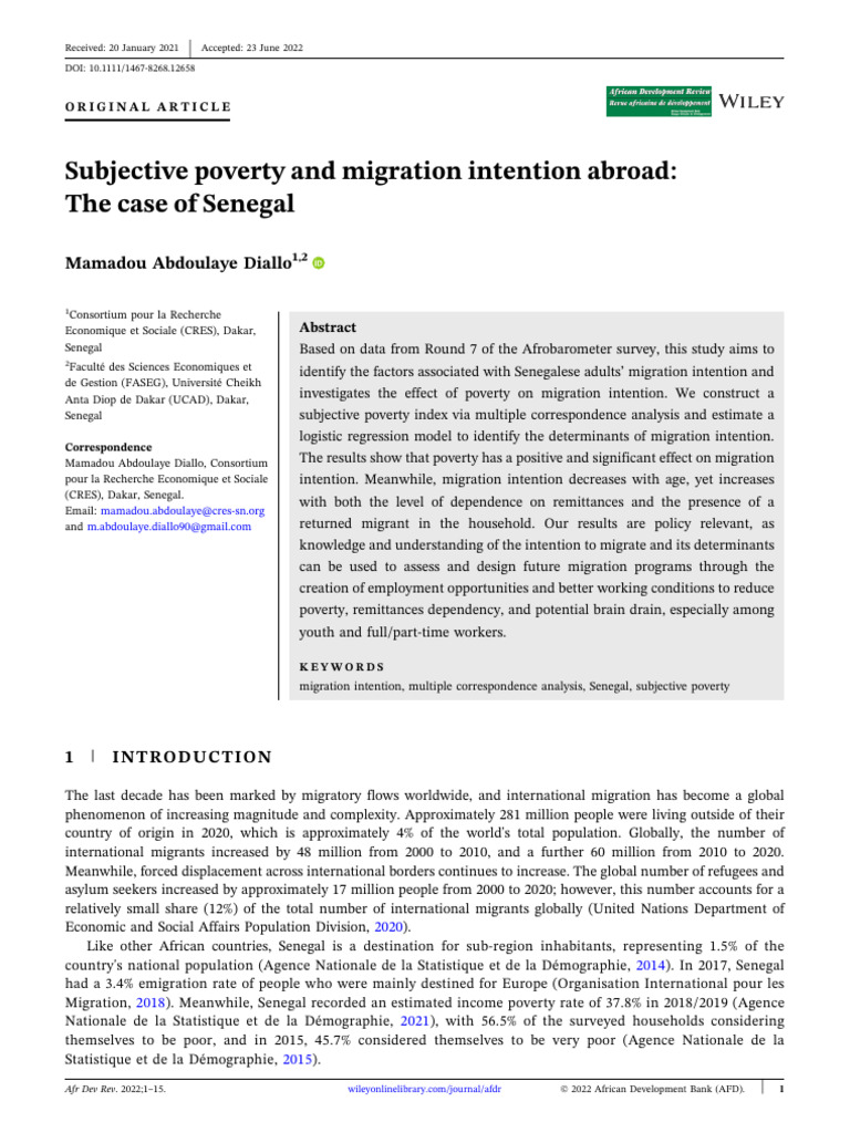 African Development Review - 2022 - Diallo - Subjective Poverty and ...