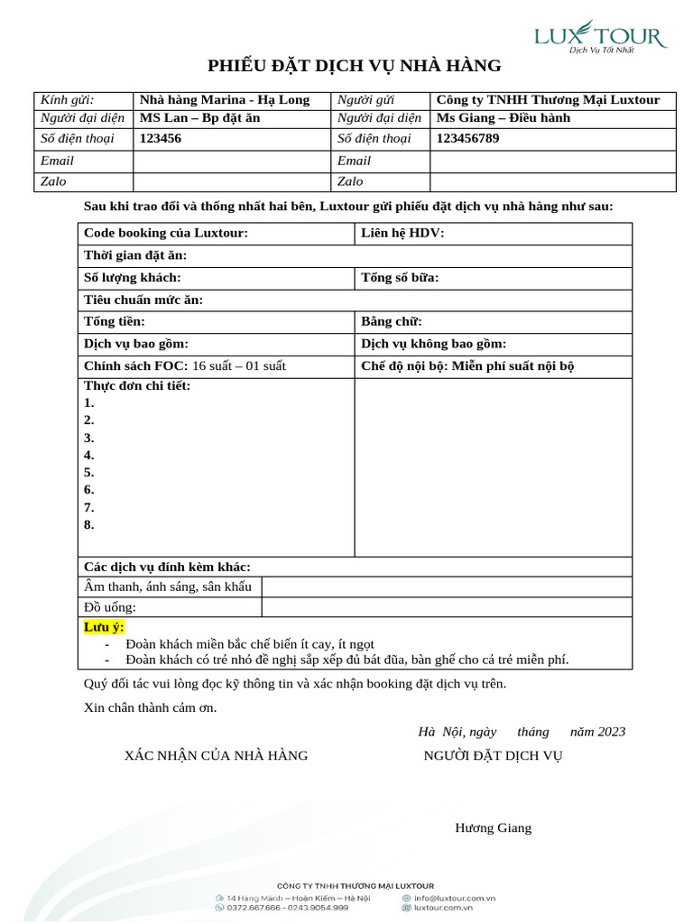 PHIẾU ĐẶT DỊCH VỤ NHÀ HÀNG | PDF