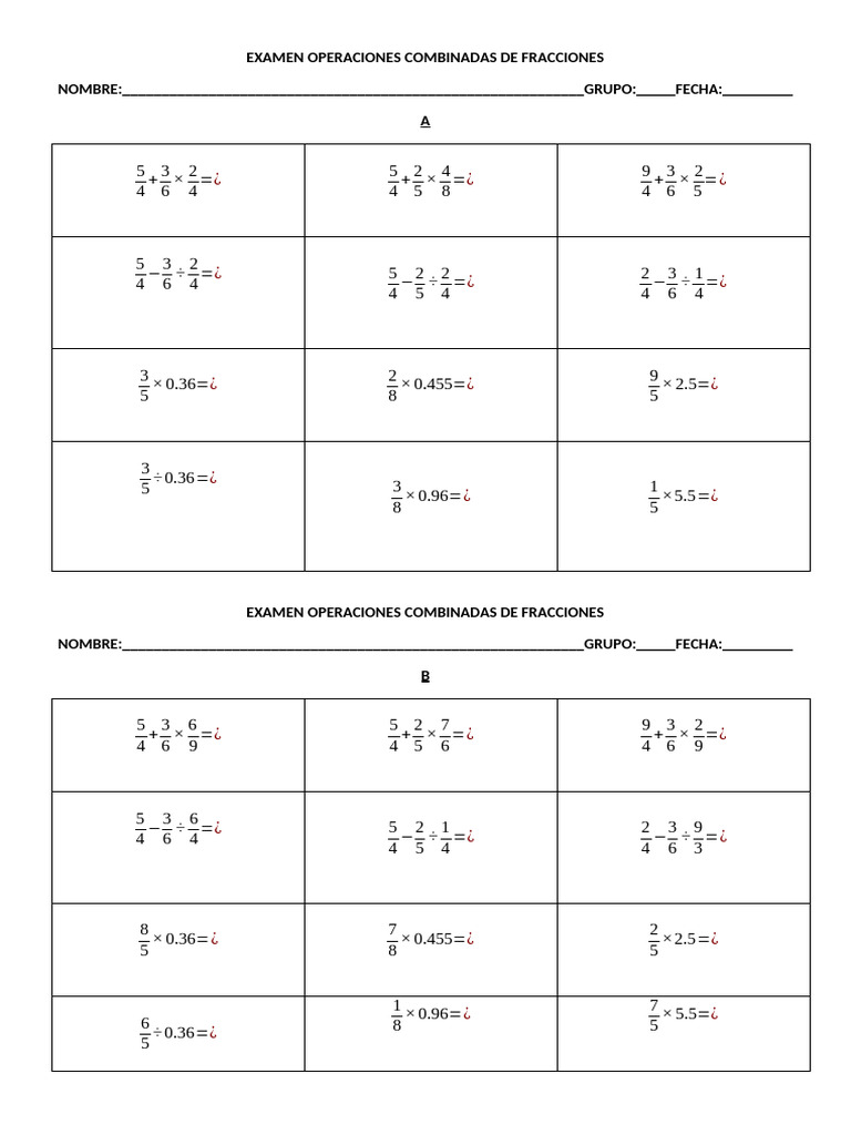 EXAMEN OPERACIONES COMBINADAS DE FRACCIONES | PDF EXAMEN OPERACIONES COMBINADAS DE FRACCIONES | PDF