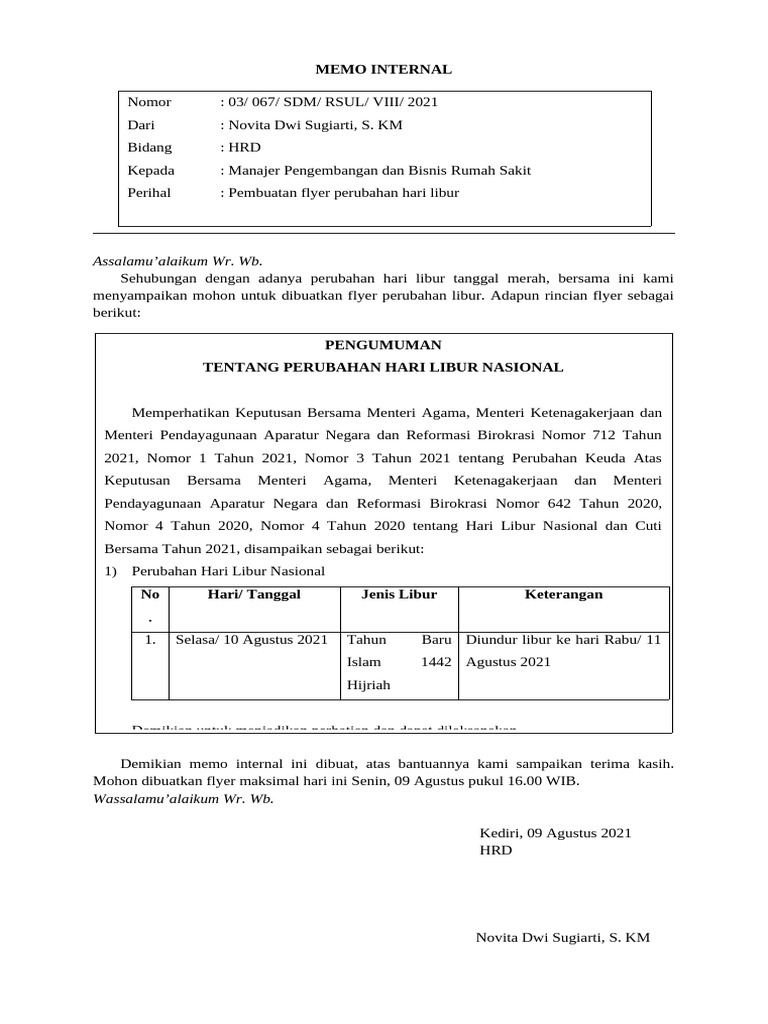 MEMO INTERNAL ANTAR UNIT New by Novi | PDF