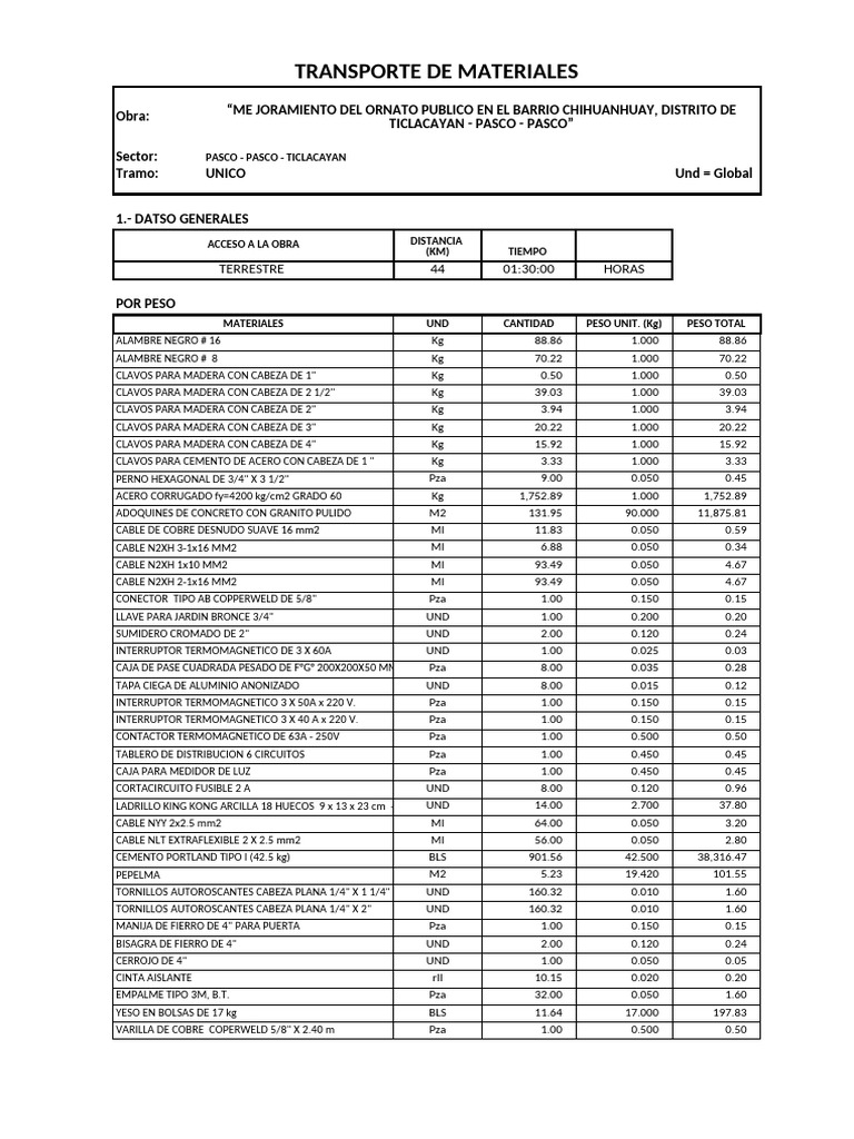 Calculo Flete Terrestre | PDF | Tubería (transporte de fluidos) | Materiales de construcción
