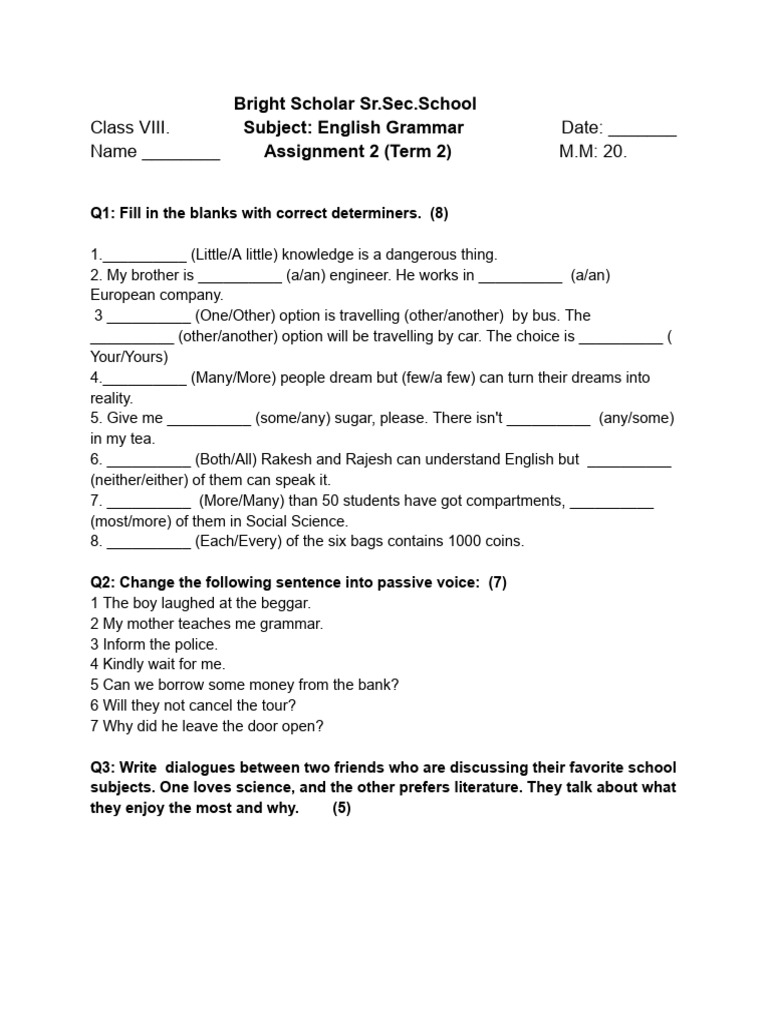 Class 8, Eng Assignment 2 (Term 2) | PDF
