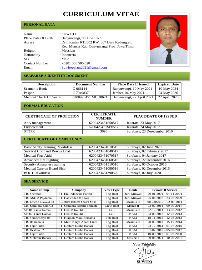 Suwito's Maritime Curriculum Vitae | PDF | Shipping | Ships