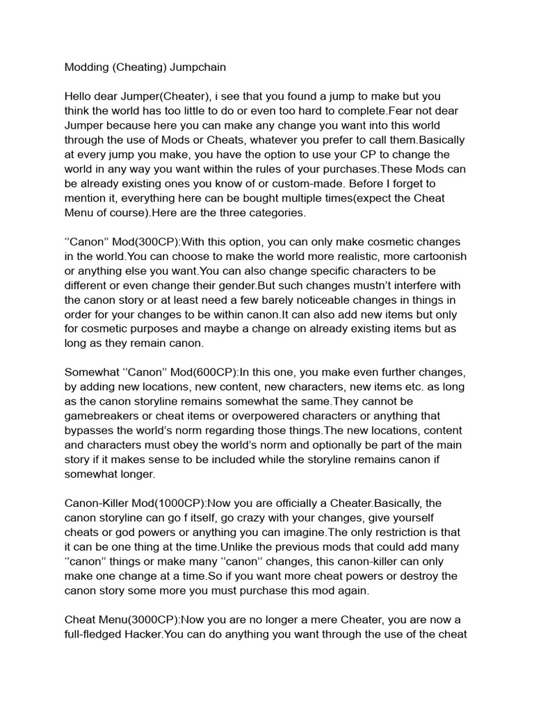 Modding (Cheating) Jumpchain Supplement Update | PDF