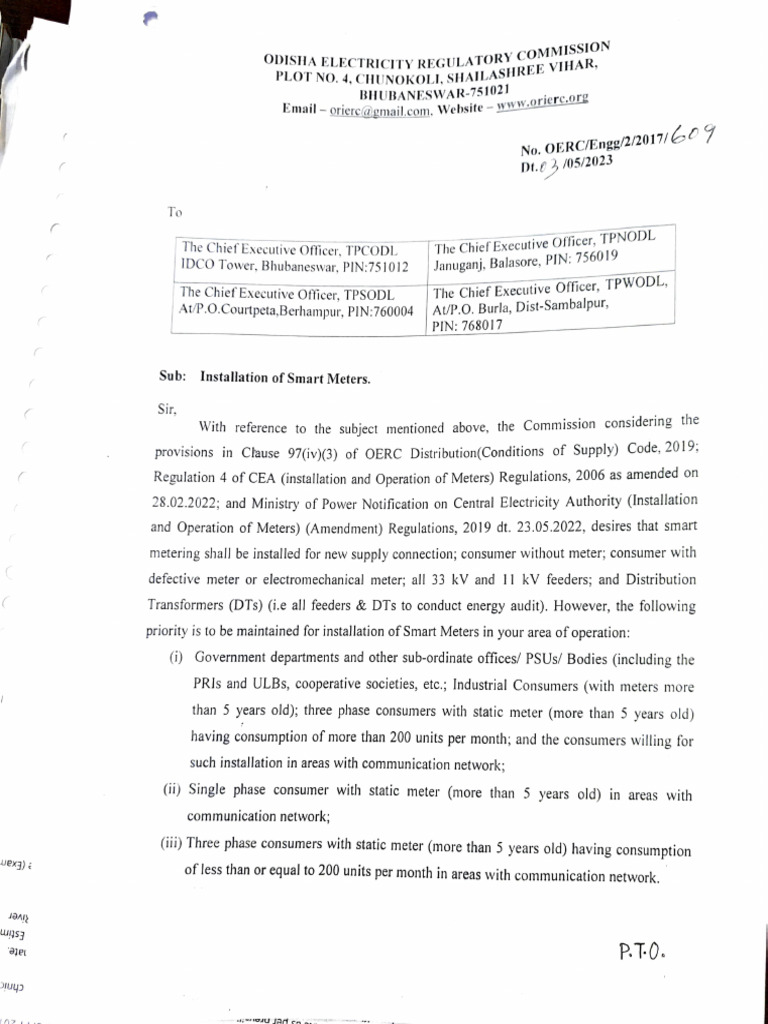 OERC Letter Approving Priority of Smart Meters Installation | PDF ...