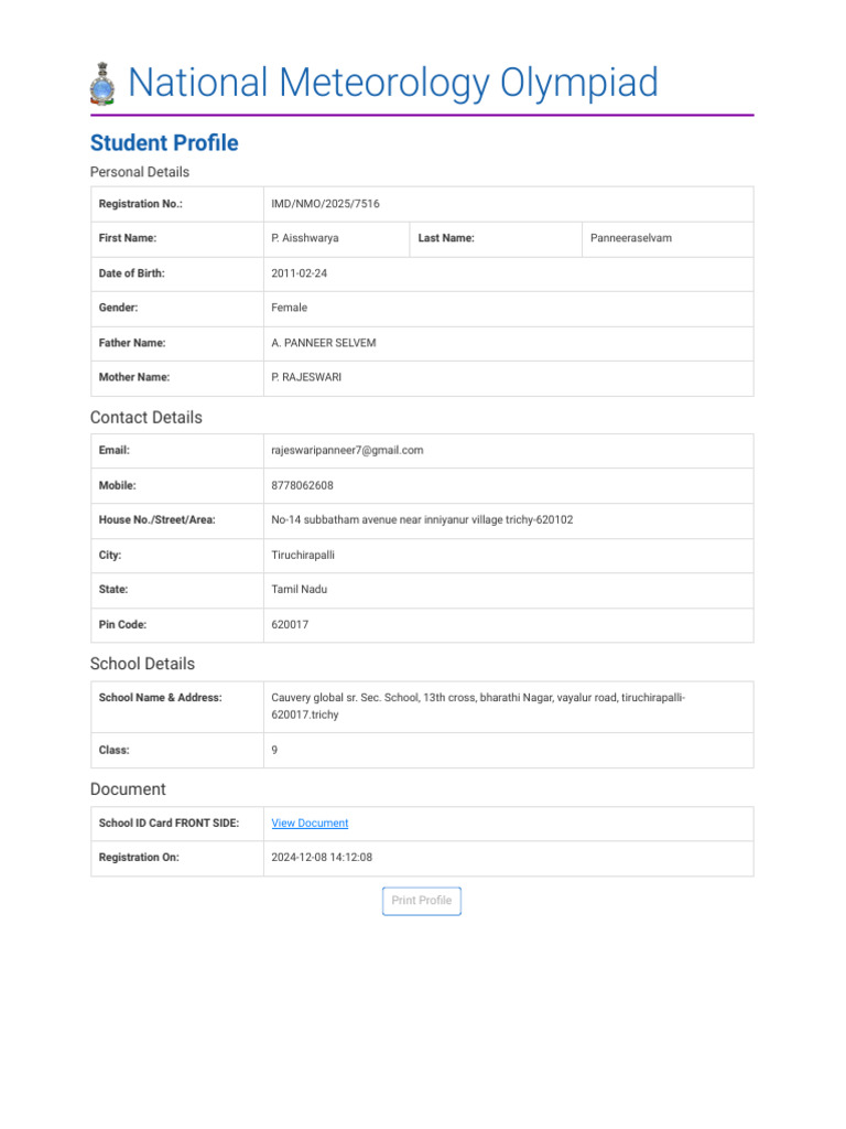 Student Profile National Meteorology Olympiad | PDF