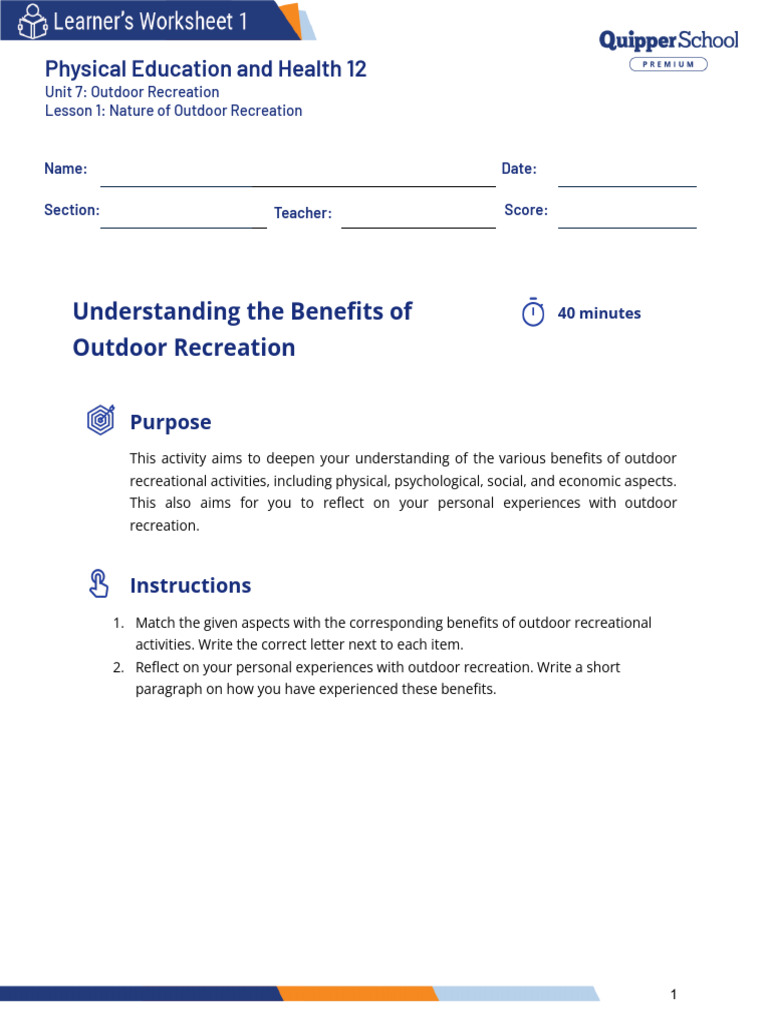 Learner Worksheet 1 Nature of Outdoor Recreation | PDF | Learning ...