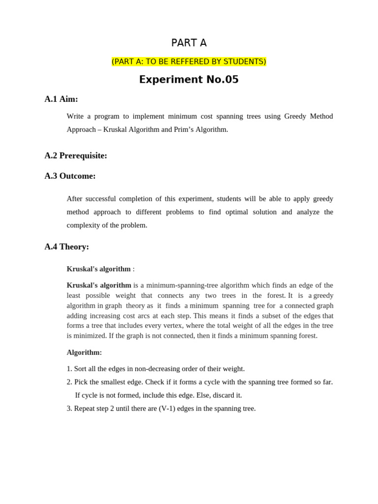 9117lab Manual Expt No. 5 AOA - MST Using Greedy Method | PDF | Mathematical Relations ...
