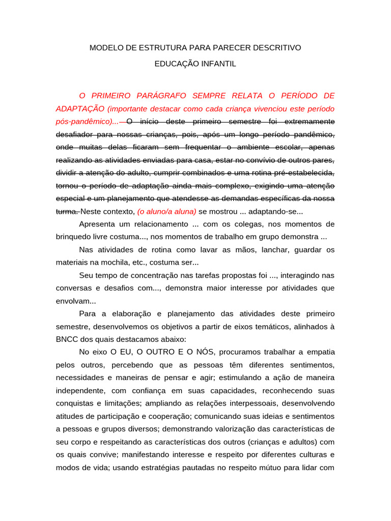 Modelo de Estrutura para Parecer Descritivo Educação Infantil | PDF ...