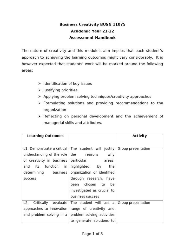 Business Creativity Assessment 2021-22 FT PT DL TNE (002) 2 | PDF ...