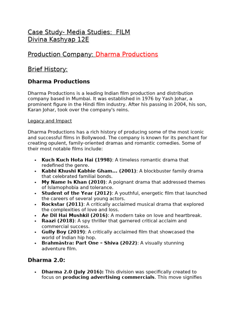 History and Impact of Dharma Productions | PDF | Mass Media