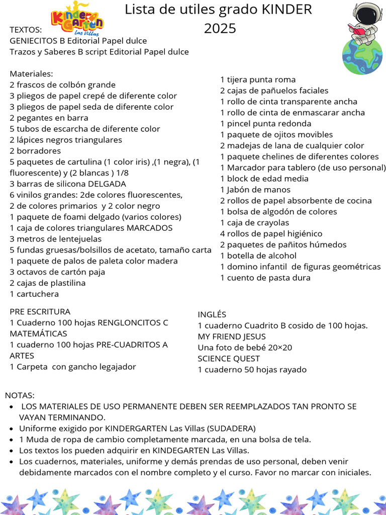 Lista de utiles KINDER_20250107_163604_0000 | PDF | Papel | Materiales ...