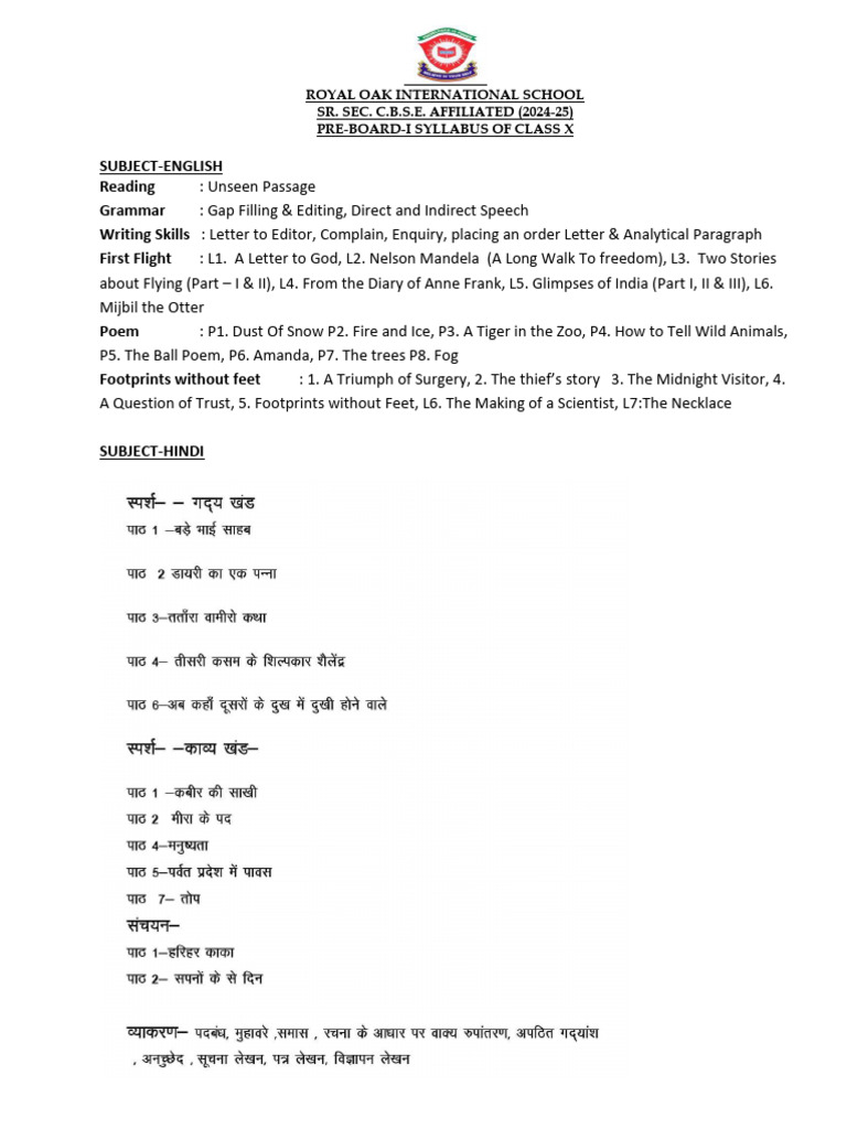 Class X Pre-Board Syllabus 2024-25 | PDF