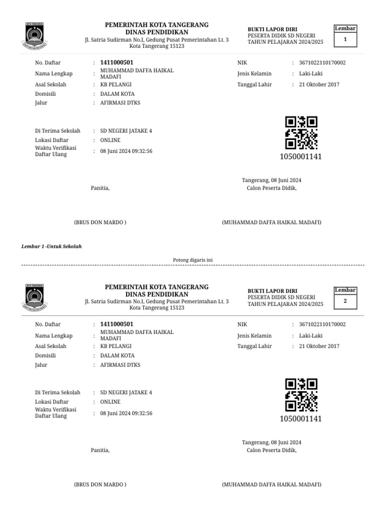 PPDBSD - Tangerangkota.go - Id Verifikasi Daftar Ulang Afirmasi Cetak Bukti Daftar 1088 | PDF