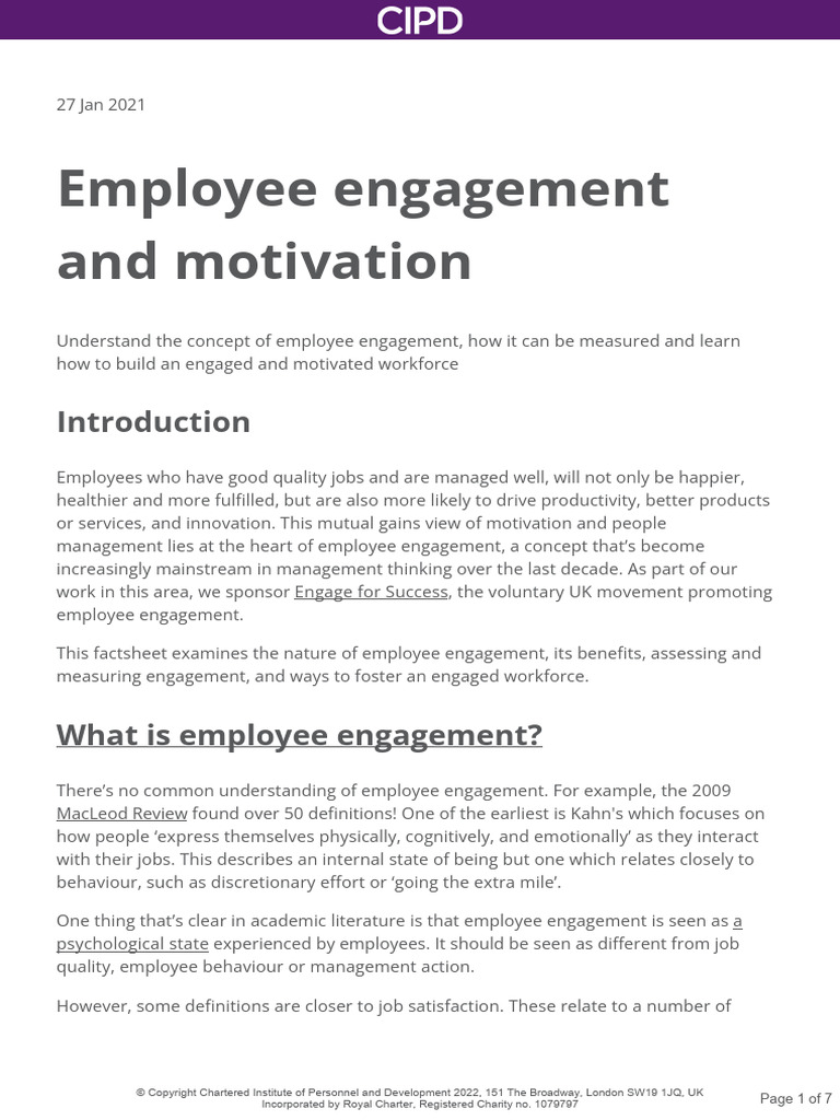 Employee Engagement and Motivation. CIPD 2021 | PDF | Motivation | Motivational