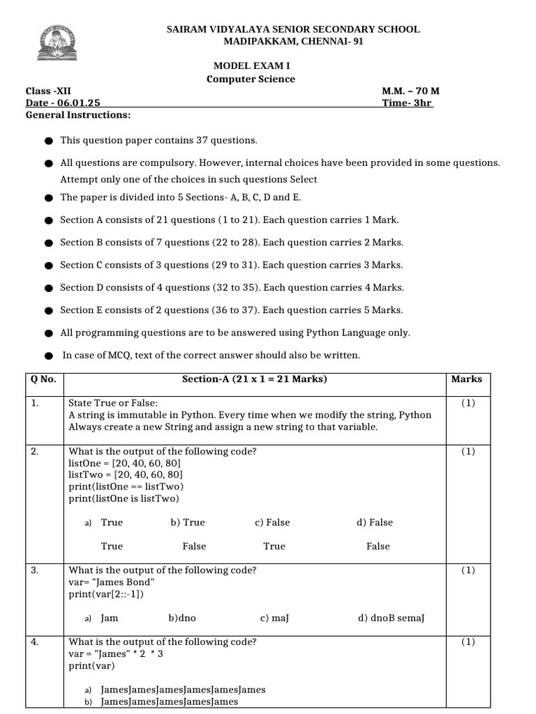 XII CS model exam 1 | PDF | Parameter (Computer Programming) | Computer Programming