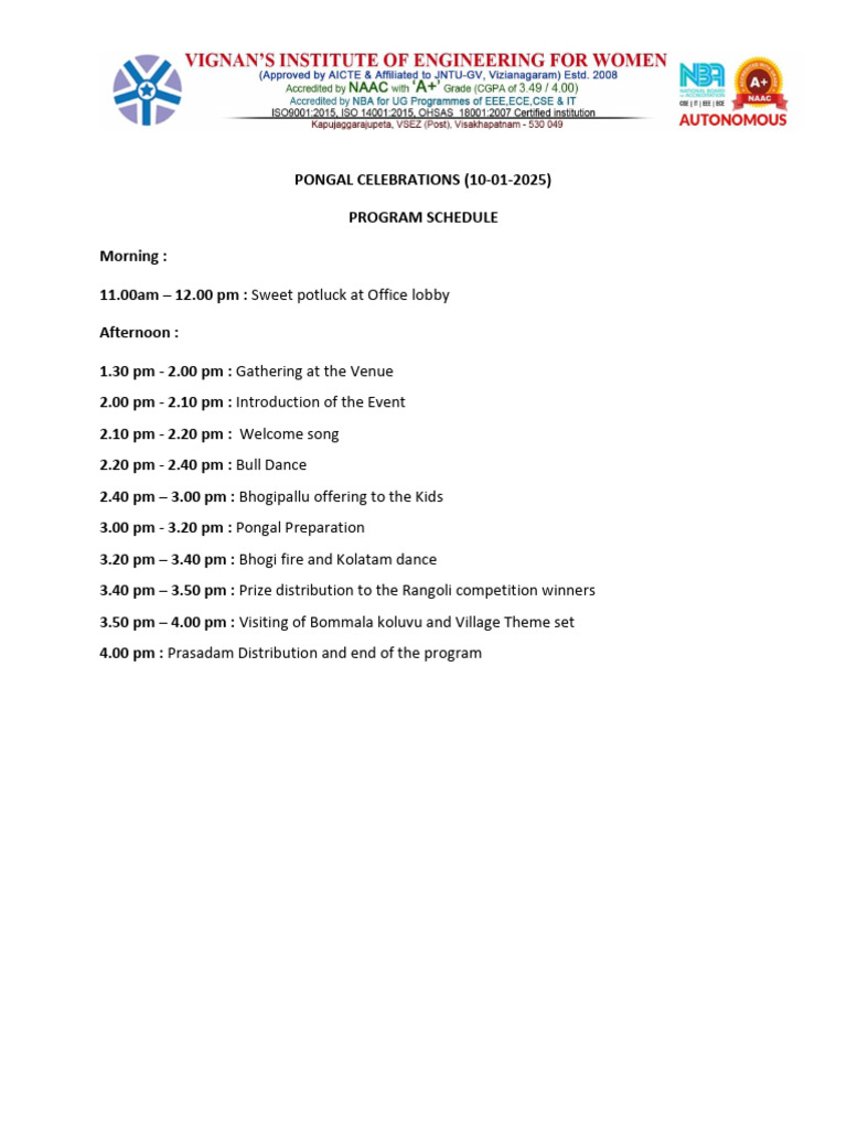 Program Schedule of Pongal Celebrations | PDF