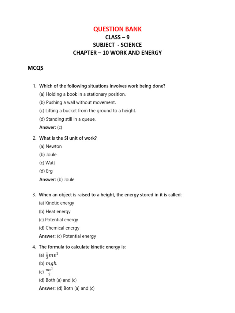 Class - 9 Science CH - 10 Question Bank | PDF | Kinetic Energy | Force