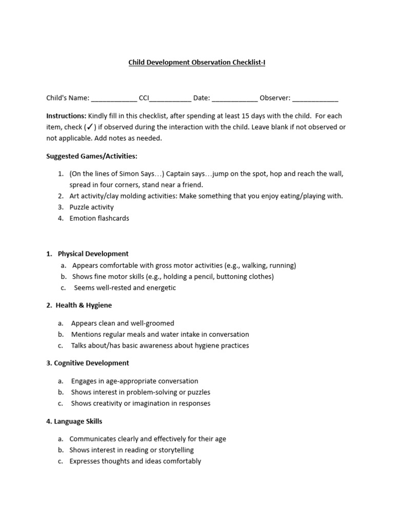 Child Development Observation Checklist-I | PDF