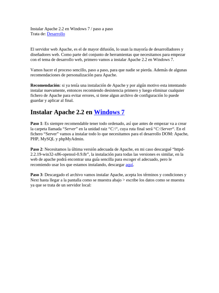 Instalar Apache2 Con Windows 7 Funcional | PDF | Servidor HTTP Apache | Software del sistema