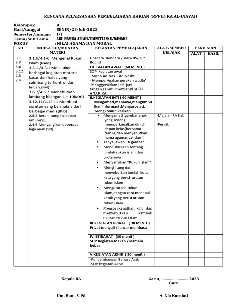 RPPH A RA Ganjil - Programpendidikan | PDF