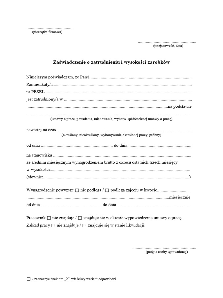 Wzór zaświadczenia o dochodach poręczyciela | PDF