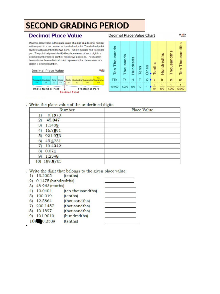 SECOND GRADING PERIOD-MATHDECIMALNUMBERS | PDF