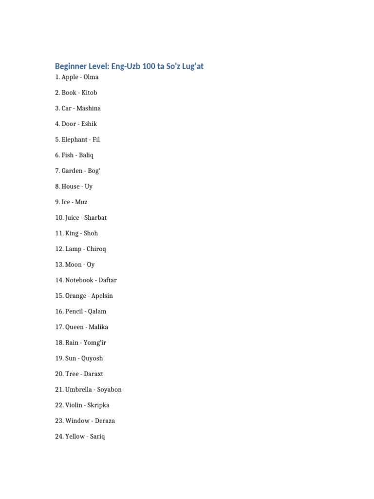 Eng Uzb 100 Soz Lugat | PDF