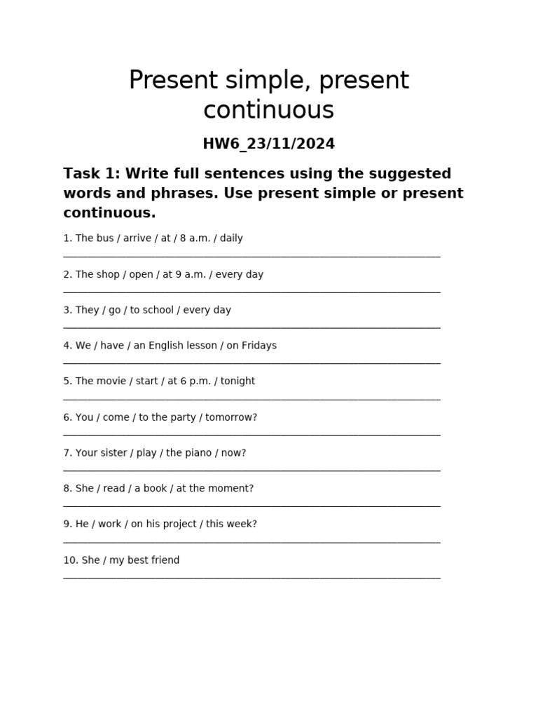 Present simple tense,present continuous_HW6 | PDF | Syntax | Grammar