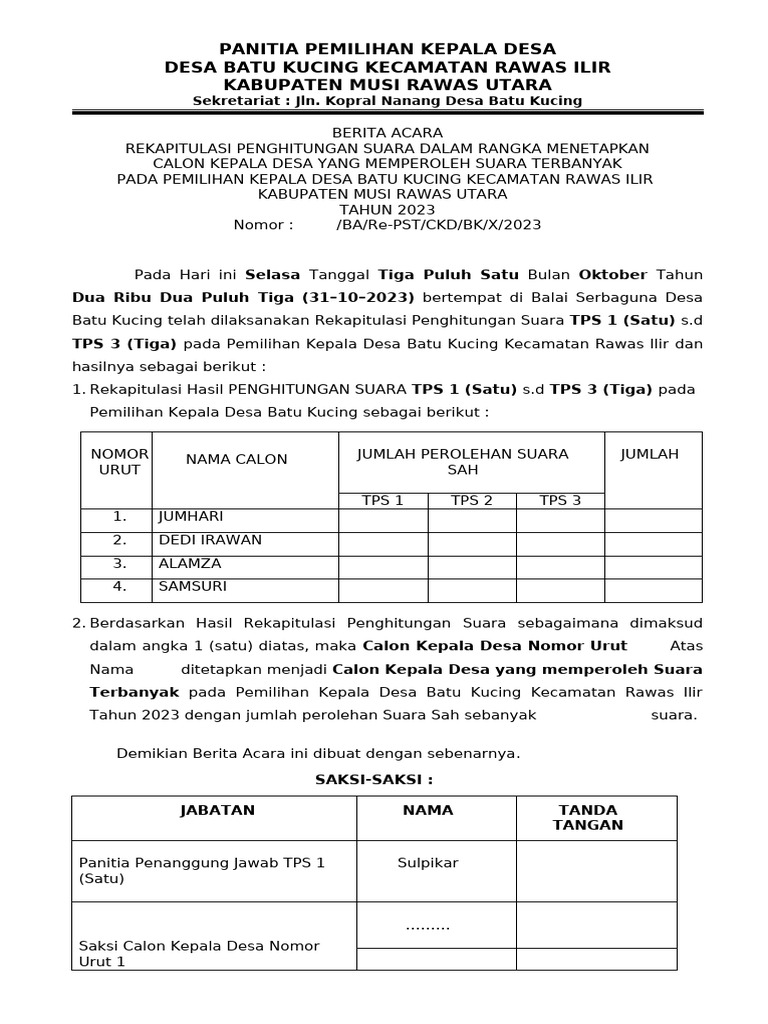 6. BA Rekapitulasi Calon Kepala Desa yang memperoleh Suara Terbanyak | PDF