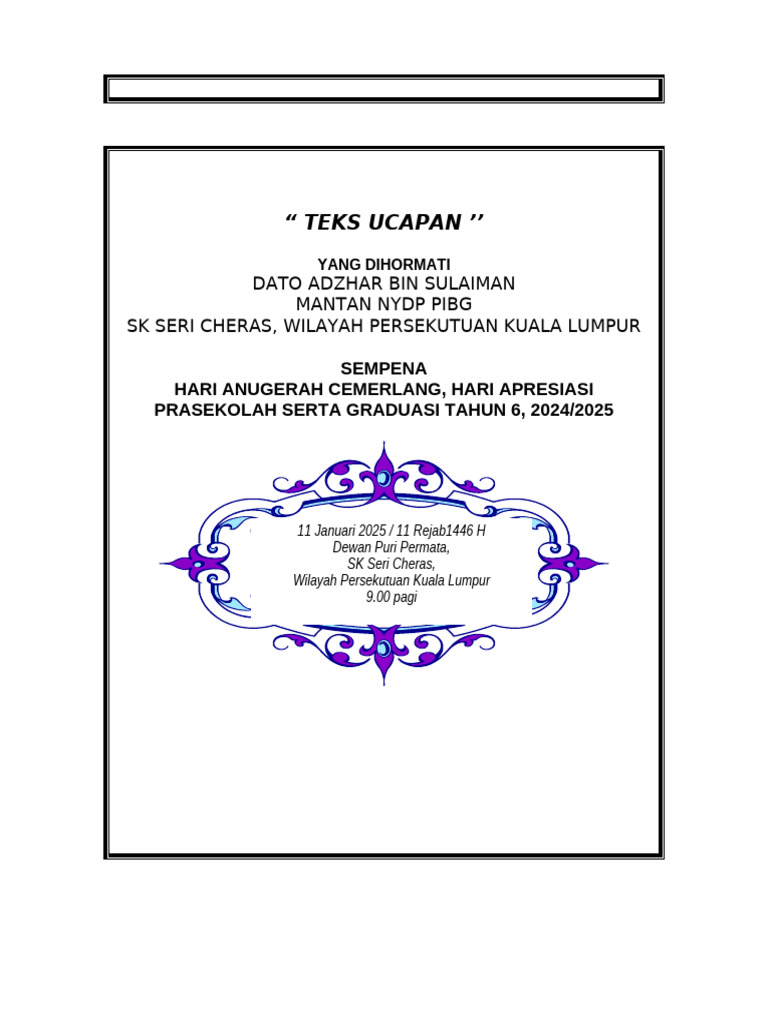 TEKS UCAPAN HAC GRADUASI PRA SEK 2025 - Perasmi DATO ADZHAR | PDF