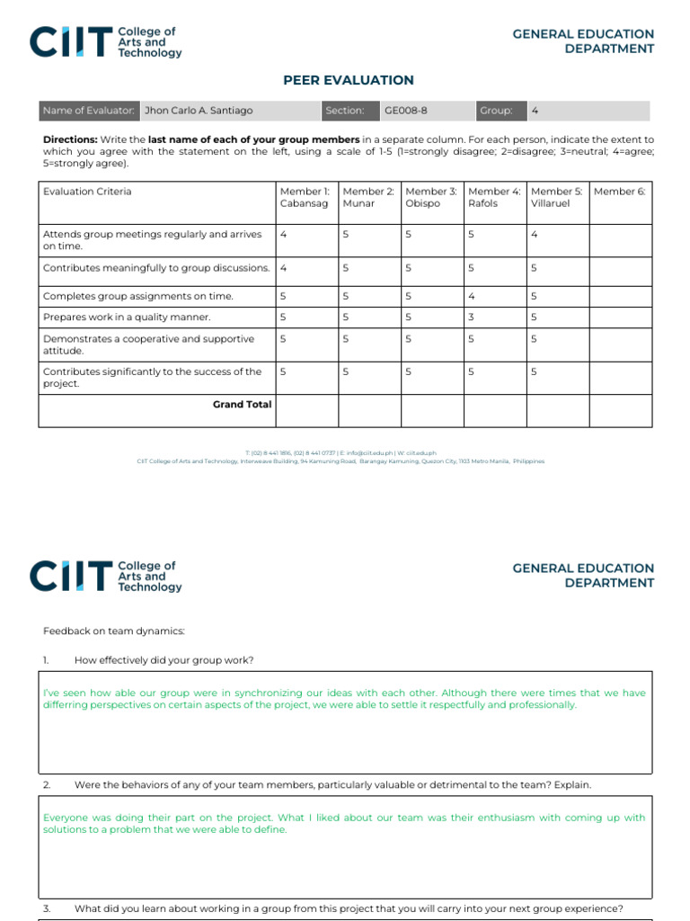 SANTIAGO - Peer Evaluation and Self Evaluation (Finals - Written ...
