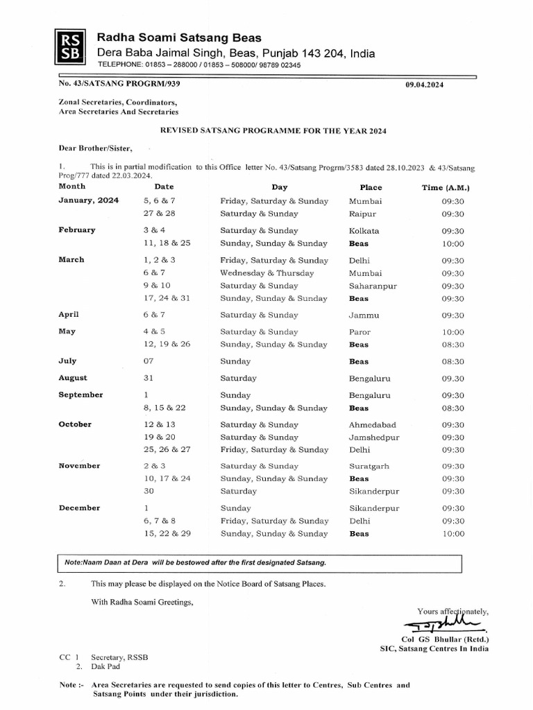 Satsang Programme Beas Year 2024 | PDF