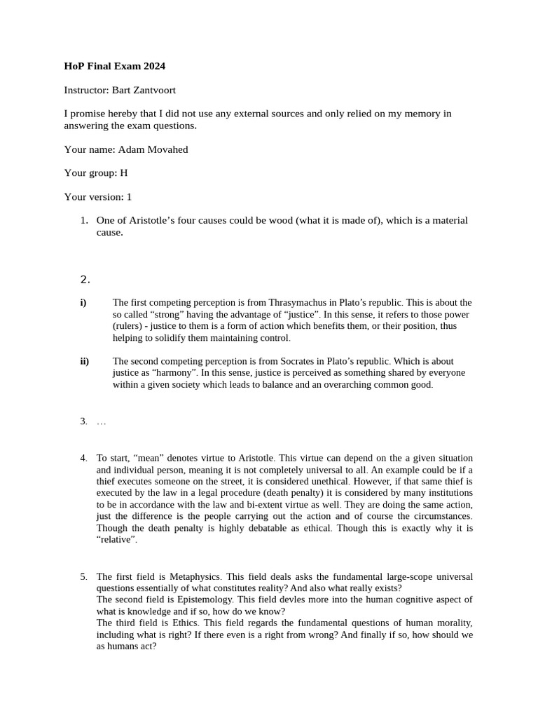 HoP Final Exam 2023 Answer Sheet | PDF | Reason | Immanuel Kant