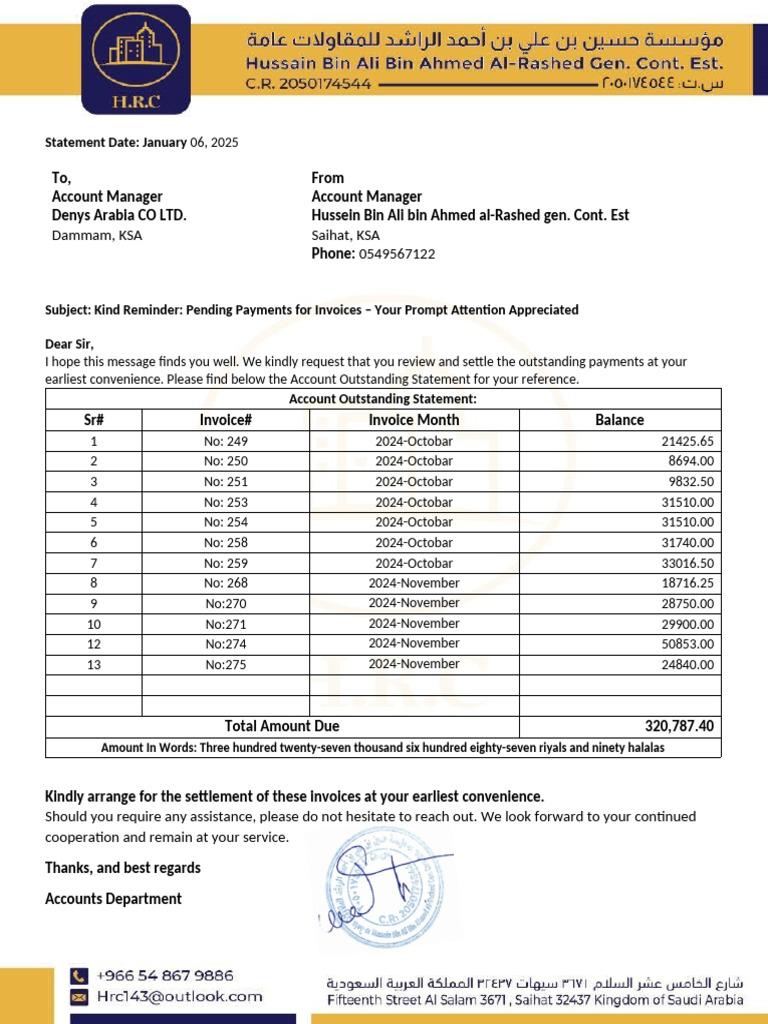 HRC-Denys Arabia CO LTD. Account Statament-2 | PDF