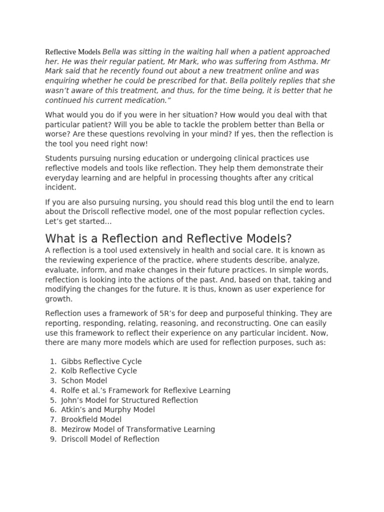 Reflective Care Models in Health | PDF | Nursing | Experience