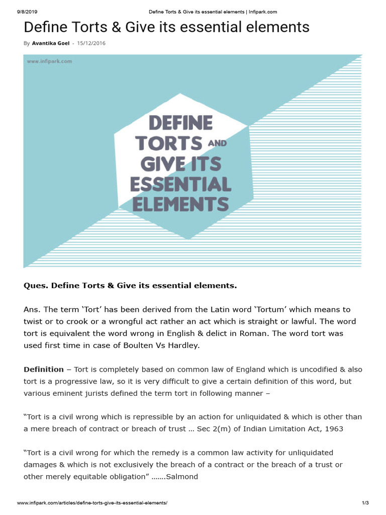 Define Torts & Give Its Essential Elements | PDF | Tort | Damages