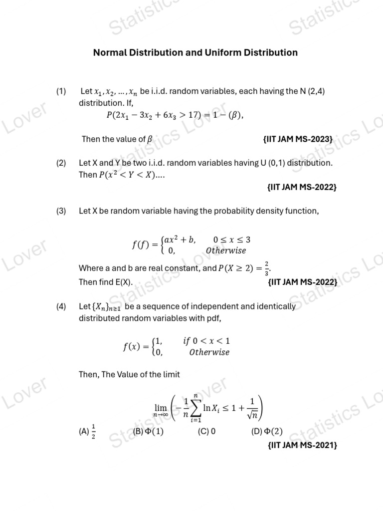 Normal Distribution Questions Pdf Random Variable Statistical Theory