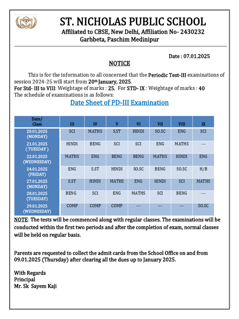 Pd-III Notice 2024 (Std-III To Ix) | PDF