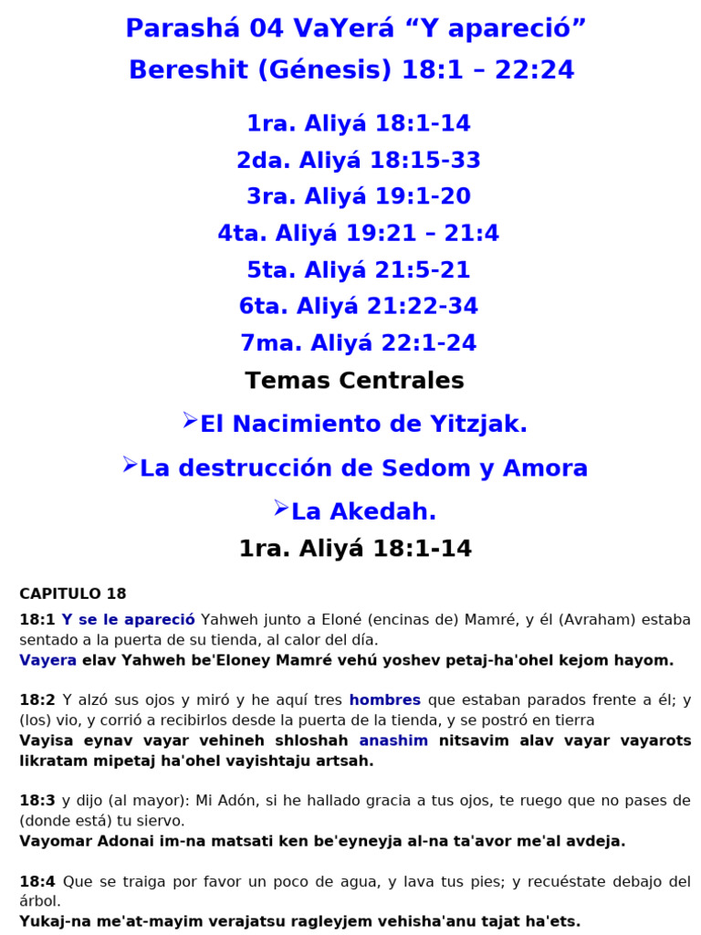 Parashah 4 Vayera (El apareció) 18 1 - 22 24 TRANSLITERADA. | PDF | Contenido bíblico