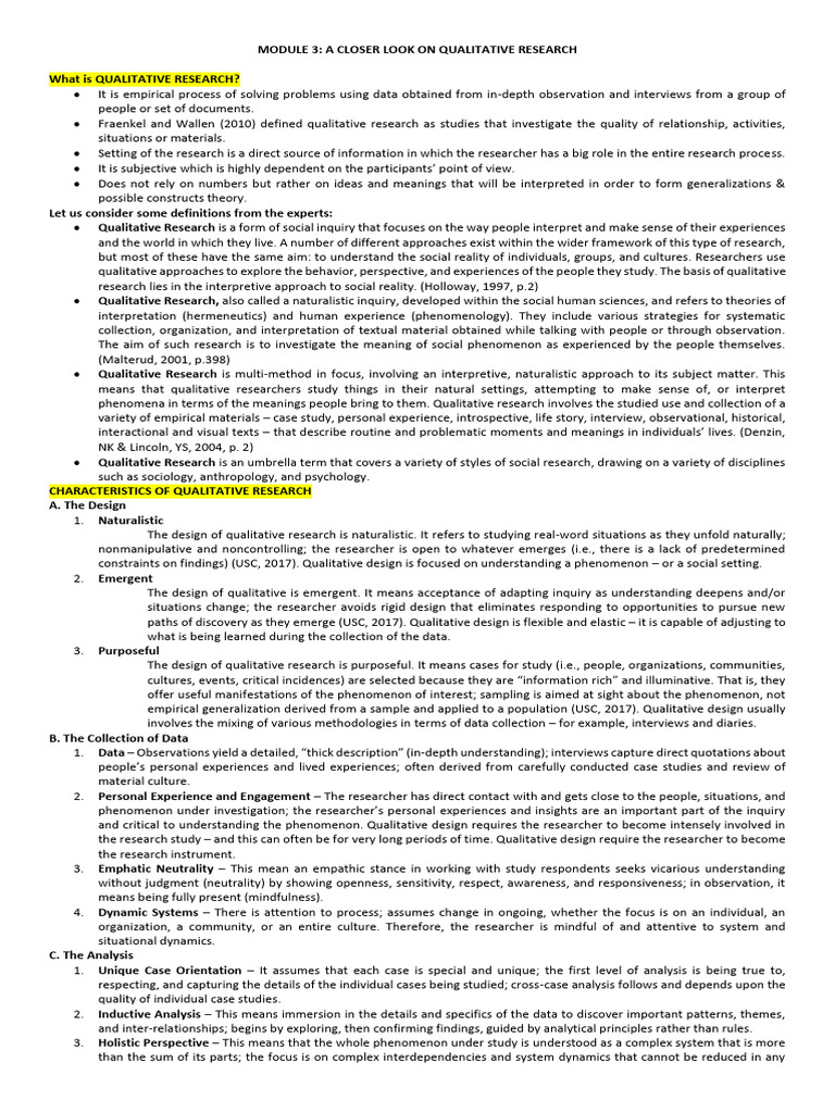 Notes Module 3 A Closer Look On Qualitative Research Pdf Qualitative Research Science