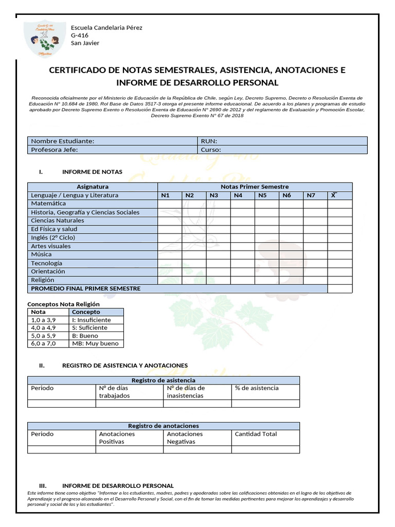 Informe de Notas e Informe de Personalidad | PDF | Comportamiento