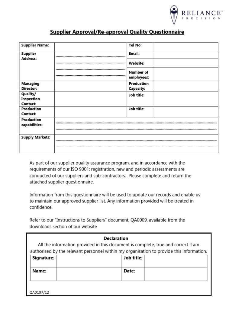 Supplier-Quality-Questionnaire-QA0197-12 (1) | PDF | Iso 9000