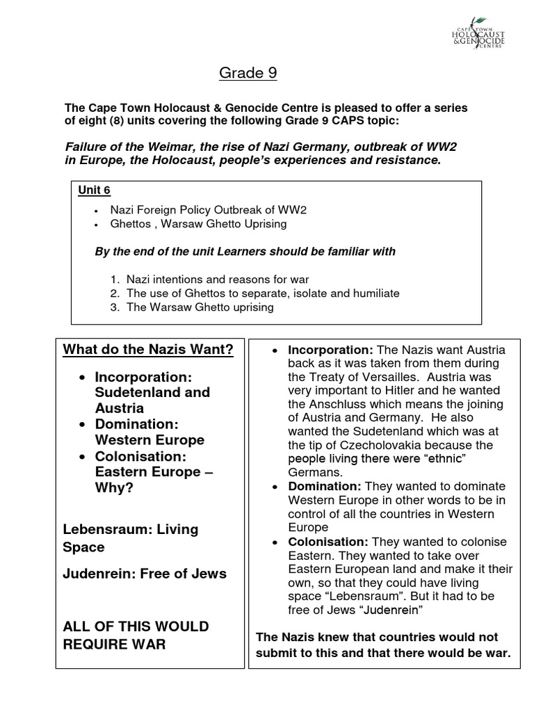 Unit 6 Grade 9 Learner Resource | PDF | Nazi Germany | The Holocaust