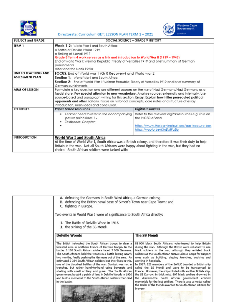 Grade 9 History: WWI & South Africa | PDF | Nazi Germany | Allies Of ...