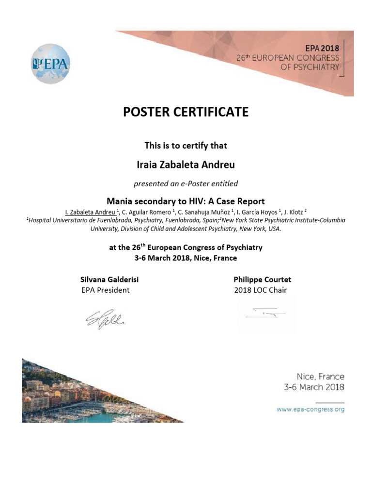 e-Poster Certificate: Mania & HIV Case Report | PDF