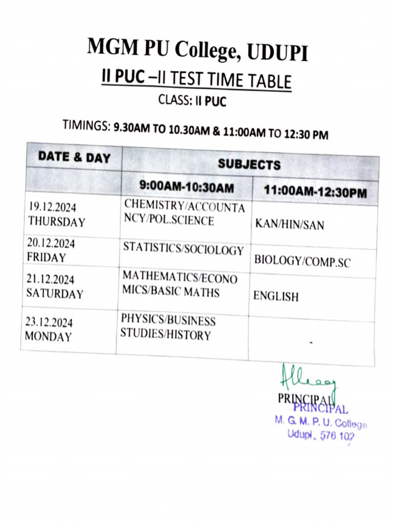 II PUC Test Timetable 2024 Udupi | PDF
